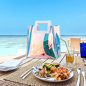 Seazoon 6 Pcs Holographic Small Gift Bag with Handle, Clear Iridescent Reusable Gift Bag, Heavy Duty Clear Party Favor Bags for Baby Shower Wedding Birthday Party Shopping JJ13-1