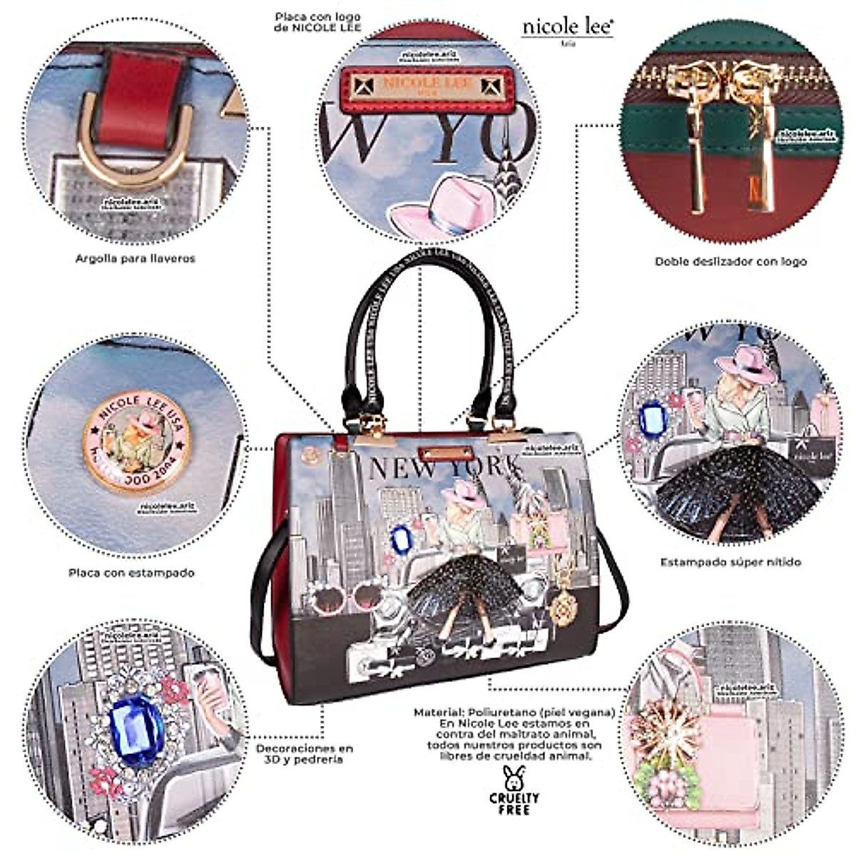 Nicole Lee Success in New York Structured Medium Satchel, Embellished Vegan Leather City Work Bag, 3 Compartments