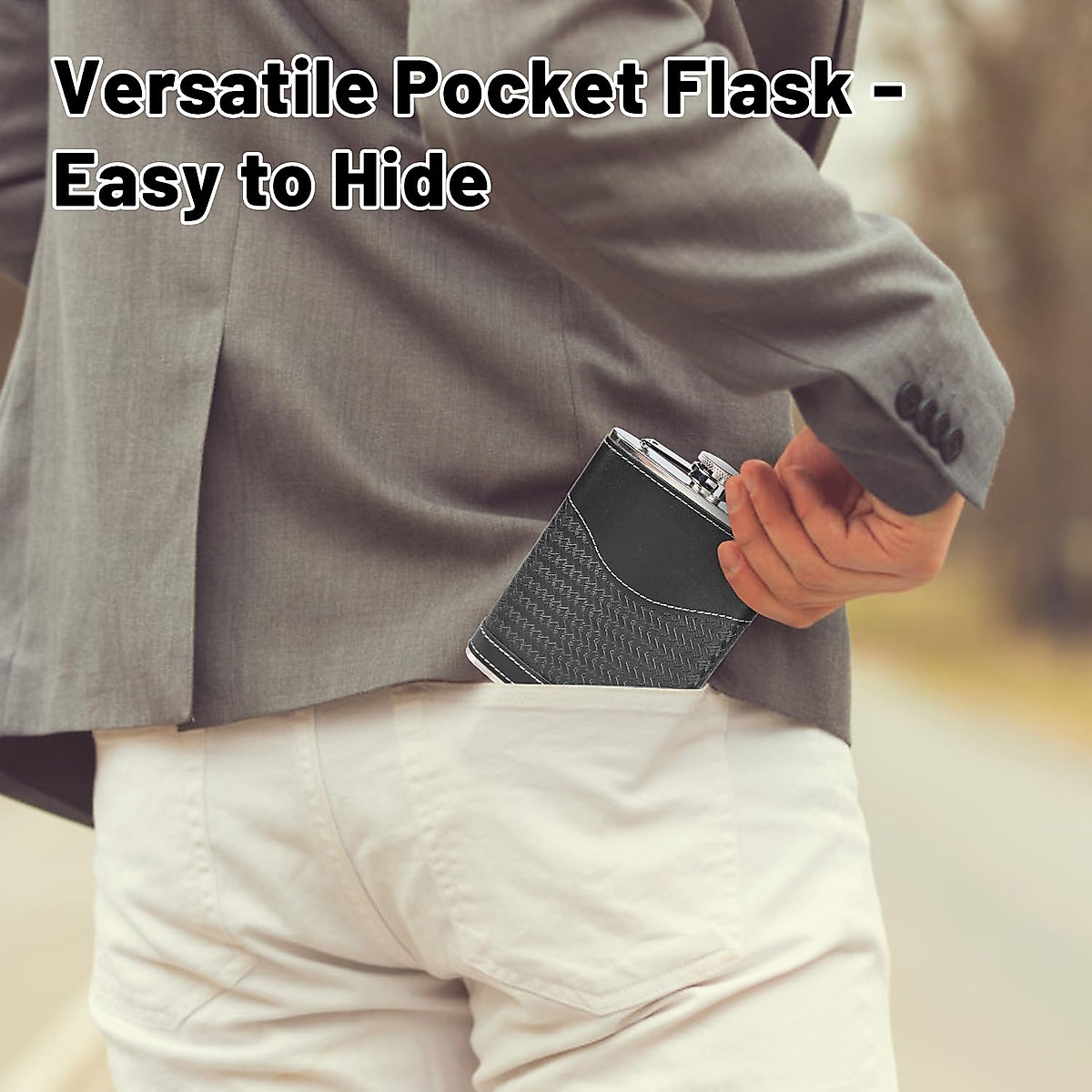 LHD HOME Hip Flasks for Men Leather Hip Flask Gift Set,Hip Flask 304 Stainless Steel Flask Set w/Funnel Shot Glasses Gift for Whiskey Rum Groomsman Best Man Usher Wedding-Leather Stripe Black-8oz