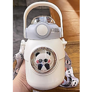 Large Capacity Cartoon Prints Water Bottle with Straw Lid Women Tumblers with Shoulder Strap Stainless Steel Thermal Cup (White 23.6oz)