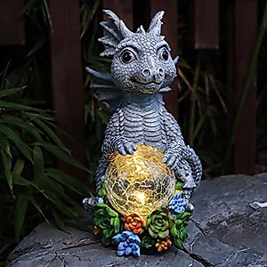 Ovewios Garden Dragon Statue Outdoor Decor, Large Dragon Figurine with Solar Crackle Globe Light Yard Art Decoration Resin Ornament for Indoor Home Outdoor Patio Lawn Gift