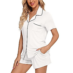 Samring Pajamas for Women Sleepwear Womens Shorts Button Down Cotton Nightwear Set PJS for Women White L