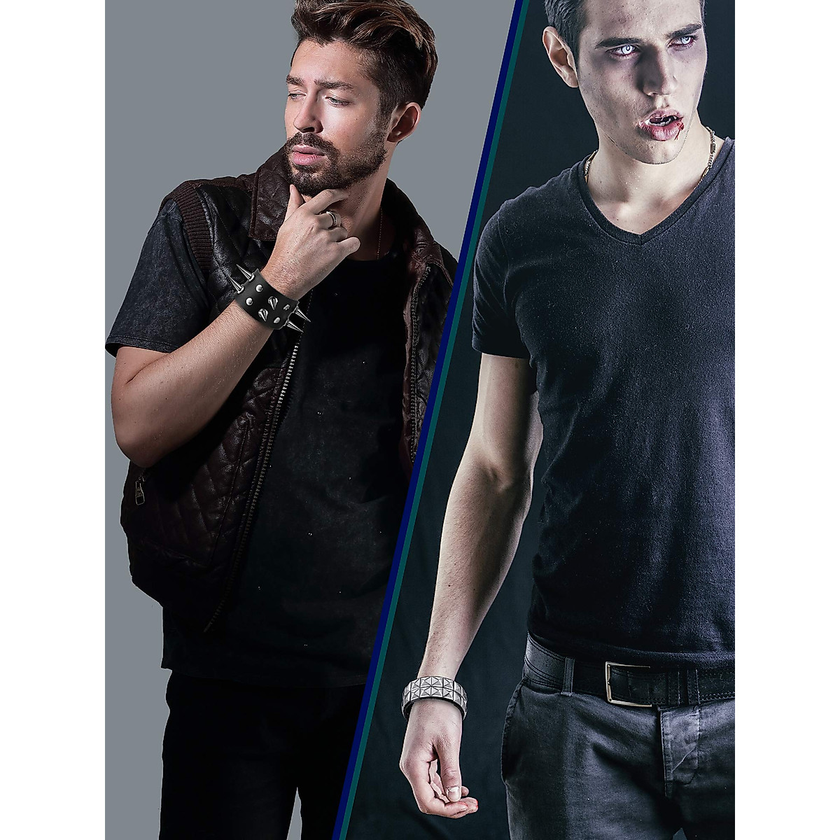 Hicarer 9 Pieces Spiked Studded Bracelet Black Leather Rivet Punk Bracelet Cuff Wrap Bangle Snap Button Metal Wristband for Men Women (Classic Style)