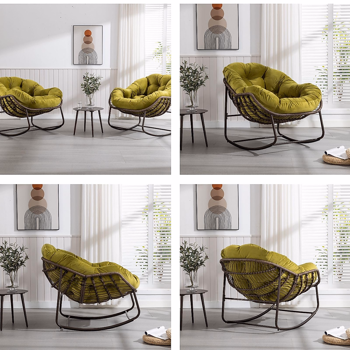 Luccalily Indoor & Outdoor Front Porch Rocking Cozy Chair Set of 2, Rattan Rocker Padded Cushion Recliner Outdoor for Patio, Yard, Garden, Living Room (Olive)