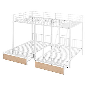 Metal Triple Bunk Bed Full Over Twin & Twin, Full Over Twin & Twin Bunk Bed with Storage Drawers, 3 Bunk Beds/Convertible Into 3 Beds, Metal Triple Bunk Beds for Kids,Teens, Girls(White)