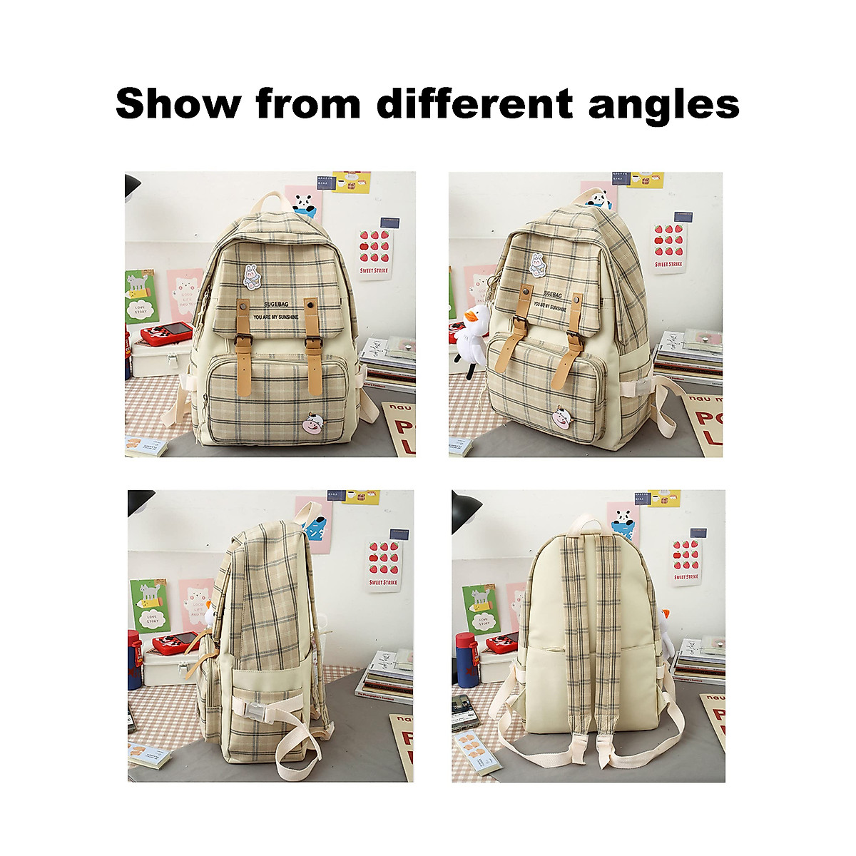 Hopecn Kawaii Plaid Backpack Combo Set 5Pcs Girls Cute Aesthetic Backpack With Canvas Crossbody Bag School Bookbag Daypack Green