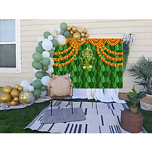 India Pooja Traditional Backdrop for Photography Marigold Green Banana Leaf Chatiya Ganesh Traditional Festival Background Puja Ganpati Wedding Party Decorations Photo Props (7x5FT)