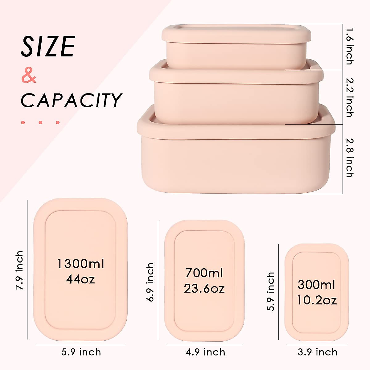 Keweis Silicone Food Storage Containers, Set of 3 Silicone Bento Lunch Box Containers with Lids, Hard-Shell Silicone, Airtight, Microwave, Dishwasher and Freezer Safe (10oz, 23.6oz, 44oz)