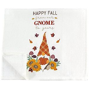 Fall Decor Kitchen Towels and Pot Holder Set: Garden Gnomes and Country Plaids with Autumn Sunflowers Welcome You from Our Gnome to Yours