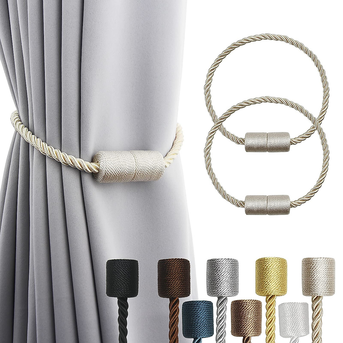 Porlau 2 Pack Beige Strong Magnetic Curtain Tiebacks Outdoor Elegant Decorative Tie Backs Modern Rope Tiebacks for Drapes Window Curtain Holdbacks for Draperies