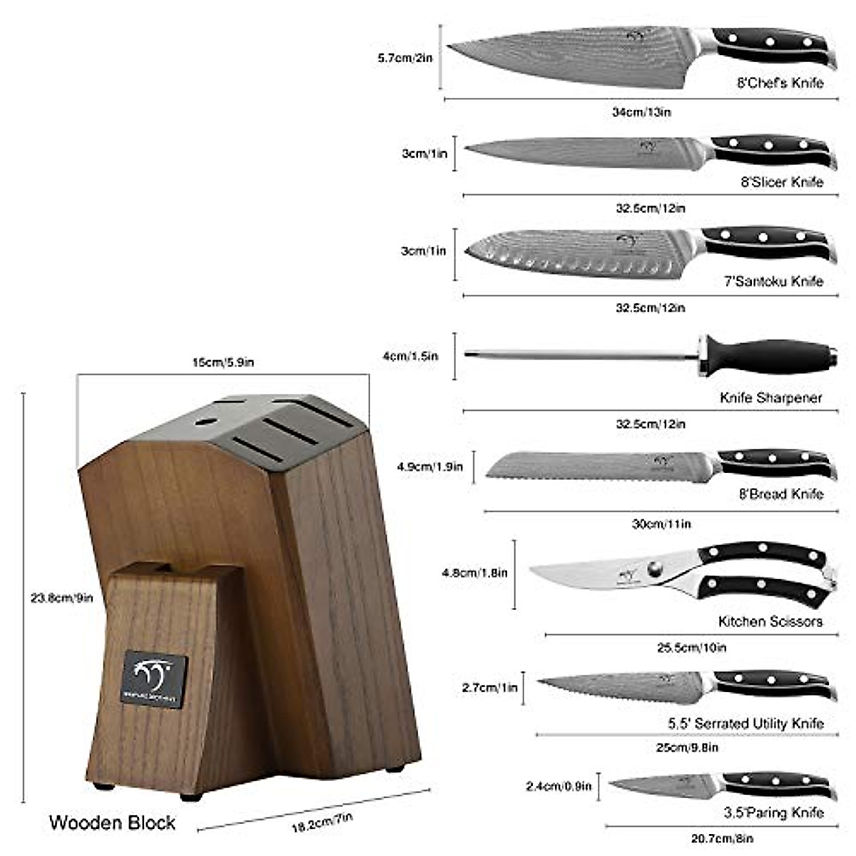 Kitchen Damascus Knife Set, WanRui Series 9-Piece Kitchen Knife Set with Block, Non-slip ABS Ergonomic Triple Rivet Handle for Chef Knives, Sharpener and Shears, Natural Wood Block (Updated Version)