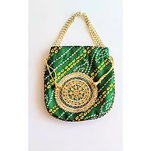 Potli Bag For Woman Ethnic Bandhej Polti Bag, Elegant Evening Wedding Party Purse For Women's BY PANACHE MERCHANT (Green)