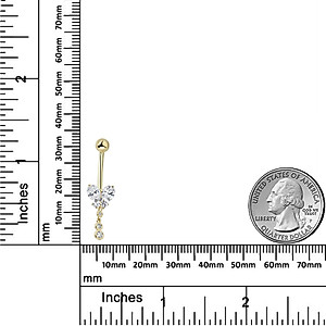 AVORA 10K Yellow Gold Simulated Diamond CZ Dangling Butterfly Belly Button Ring Body Jewelry (14 Gauge)
