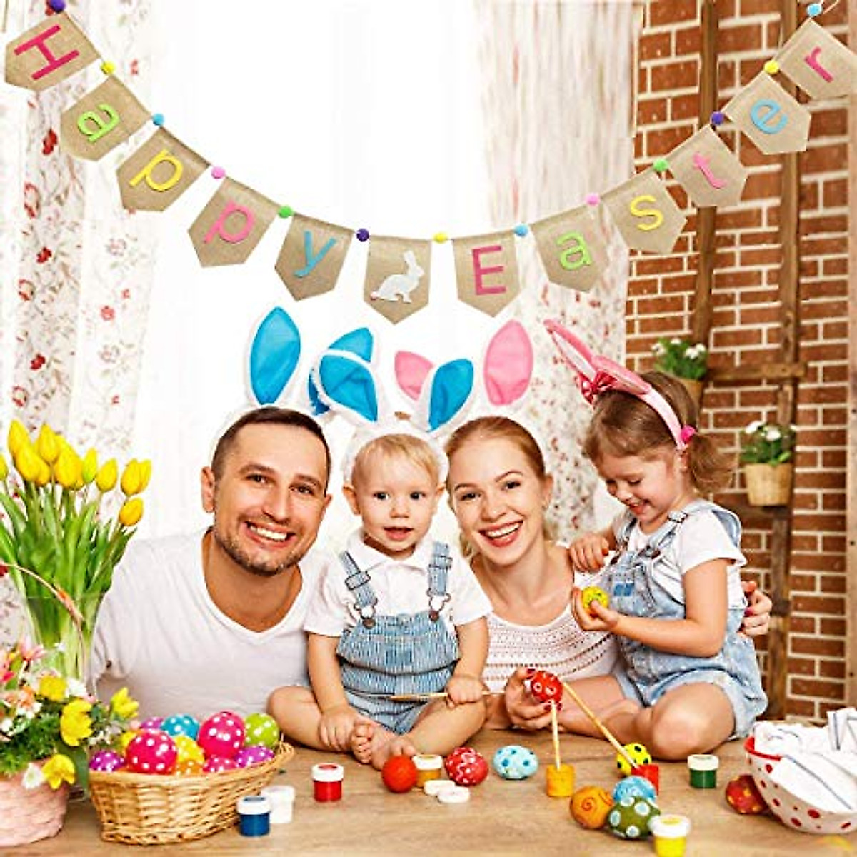 Happy Easter Burlap Banner Decorations, Happy Easter Garland, Easter Decor, Easter Bunting, Easter Bunny Sign, Farmhouse Banner, Easter Decorations For Mantle,Easter Bunny Banner Gift for Kids …