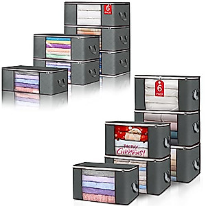 6 Pack 90L Large Storage Bags & 6 Pack 35L Clothes Storage Bags, Clothes Storage Bins Foldable Closet Organizers with Durable Handles with Clear Window for Clothes Pillow Blankets Bedding