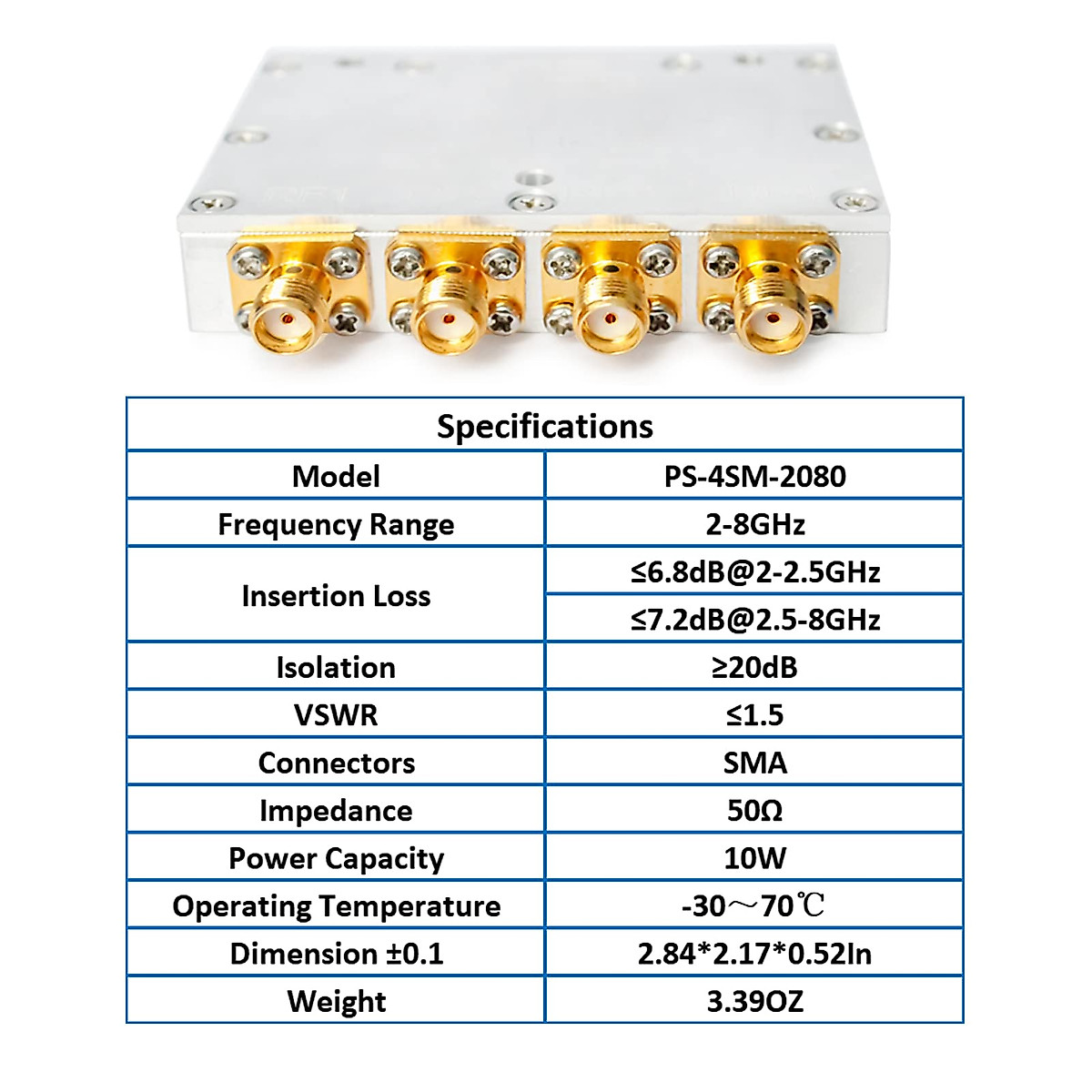 TOJOIN Passive Power Splitter 4 way for SMA Connectors, Coaxial Cable Splitter 2-8GHZ for RF/Microwave Measurements Accessories Splitter Coaxial, Antenna System Corrosion Resistant (PS-4SM-2080)