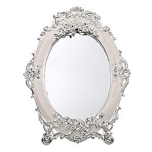 JUXYES Small Tabletop Dressing Mirror Vintage Metal Desktop Mirror with Stand, Antique Embossed Roses Countertop Makeup Mirror Retro Oval Cosmetic Decorative Mirrors for Table Centerpieces