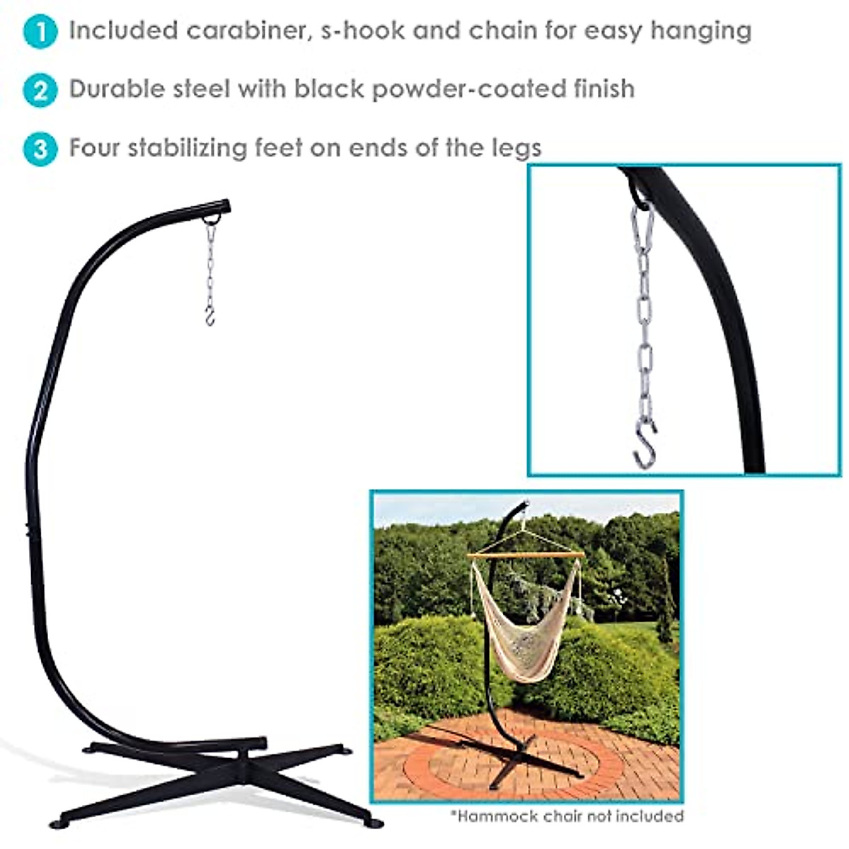 Sunnydaze Hammock Chair Stand Only - Metal C-Stand for Hanging Hammock Chair - Indoor or Outdoor Use - Durable 300-Pound Capacity - Black