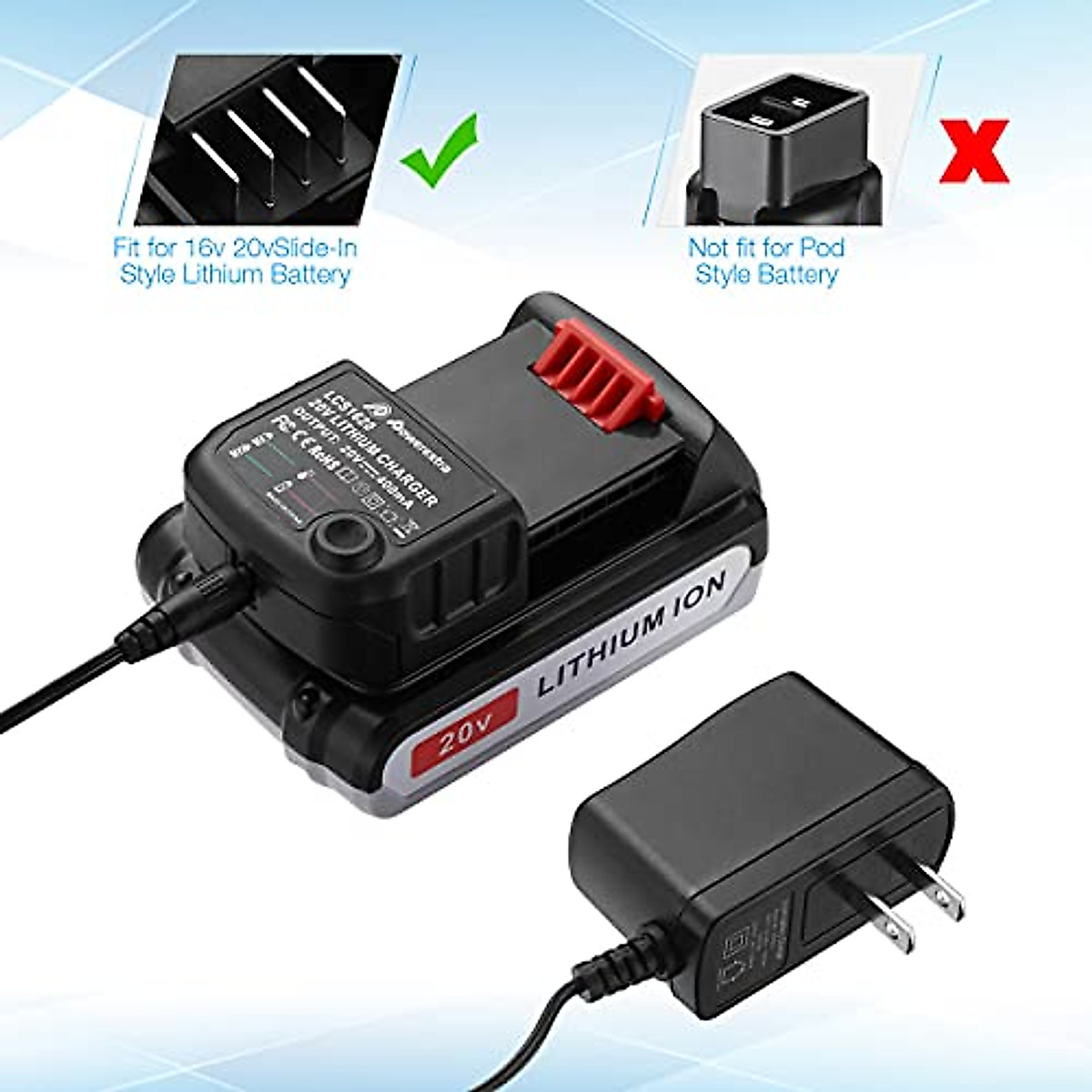 Powerextra 20 Volt Lithium Battery Charger LCS1620 for Black and Decker 16V 20V Lithium Ion Battery LBXR20 LBXR20-OPE LB20 LBX20 LBX4020 LB2X4020 LBXR2020-OPE BL1514 LBXR16