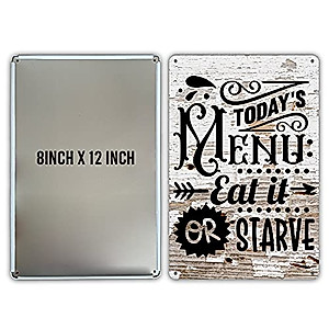 QIONGQI Funny Kitchen Quote Metal Tin Sign Wall Decor Farmhouse Rustic Today's Menu Eat It Or Starve Sign for Home Kitchen Decor Gifts