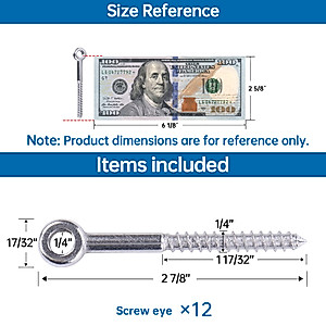 Muzata 12Pack 2.9Inch M6 Screw Eye Hook Wood Screws Metal Hook T316 Stainless Steel for Wood Securing Cable Wire Terminal Ring Eyelet Stand Self Tapping Eye Bolt Indoor Outdoor CN07 HN1