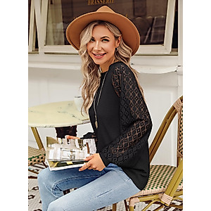 MIHOLL Women's Long Sleeve Tops Lace Casual Loose Blouses T Shirts (Black, Large)
