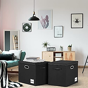 LHZK Extra Large Storage Bins with Lids 16x12x12 Foldable Linen Fabric Storage Boxes with Lids, Decorative Fabric Storage Bins with Label & 3 Handles for Shelves Bedroom Home Office (Black, 2-Pack)