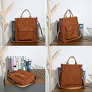 LIHENYU Corduroy Tote Bag with External Pocket,Top Zipper Closure,Aesthetic Purse Cute Crossbody Bag for School Travel Work Brown