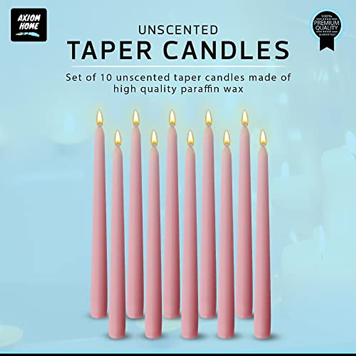 Axiom-Pack of 10 Unscented Taper Candles-9.84 Inches Tall Thicker Candle Set-9 Hours Burning time-Premium Quality Wax dripless candlesticks for Home Décor Wedding, Party & Valentines Day (Baby Pink)