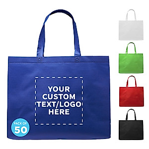 DISCOUNT PROMOS Custom Jumbo Sized Tote Bags Set of 50, Personalized Bulk Pack - Reusable Grocery Bags, Shopping Bags, Promotional Item Totes for Women - Blue
