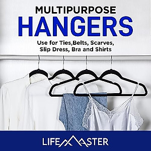 Lifemaster Velvet Non-Slip Plastic Hanger Set - 50 Pieces Non-Slip Clothes Hanger Set with 360° Swivel Hook, Space-Saving, Sleek Design, Smooth Velvet Finish, Lightweight Construction - Black