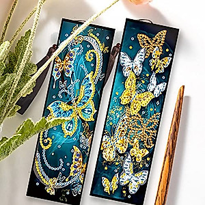 Alloyseed 2pcs Diamond Painting Bookmarks with Tassel for Office School Flower Animal Beaded Bookmark Kits DIY Special Shaped Diamond Art Craft Leather Bookmark Gift for Adults Kids Students Girls