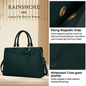 RAINSMORE Laptop Bag for Women 15.6 Inch PU Tote Bag Business Work Bag Waterproof Briefcase Computer Tote Lightweight Handbag Shoulder, Dark Green