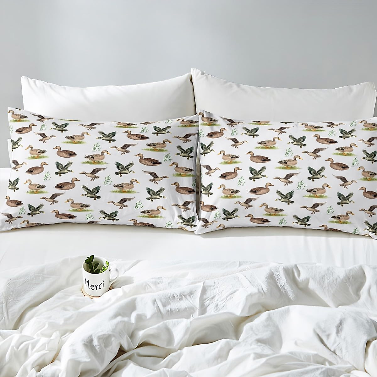Queen Size Duck Bed Sheet Set Boys Girls Wild Duck Print Fitted Sheet for Kids Women Men Ultra Soft Grey Bedding Set Duck Hunting Bed Cover Room Decor
