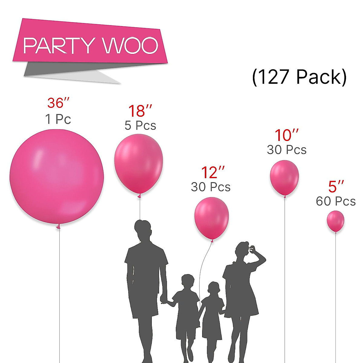 PartyWoo Magenta Balloons, 127 pcs Hot Pink Balloons Different Sizes Pack of 36 Inch 18 Inch 12 Inch 10 Inch 5 Inch Dark Pink Balloons for Balloon Garland Balloon Arch as Party Decorations, Pink-Y12