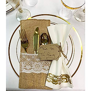 Honbay 12PCS Burlap Lace Knifes Forks Napkin Silverware Bags Utensil Cutlery Holders for Party Wedding (8 x 4 Inch)