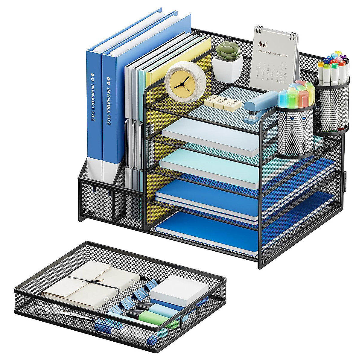 Lavatino Desk Organizer with File Holder, 5-Tier Paper Letter Tray Organizer with Sliding Drawer and 2 Pen Holder, Mesh Desktop File Organizer for Office Supplies (Black)