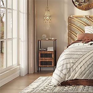 DOVAMY Rattan Nightstand with 2 Drawers, End Table for Small Spaces, Side Table with Storage for Bedroom, Living Room, Dorm, 27.5'' Bed Stand with Open Shelf, Rustic Brown BN03V