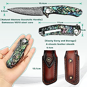 Benkey Damascus Pocket Knife with Clip Leather Sheath Sharp VG10 Core Folding Knife, EDC with Liner Lock Unique Abalone Seashells Handle for Outdoor Survival Camping Collection