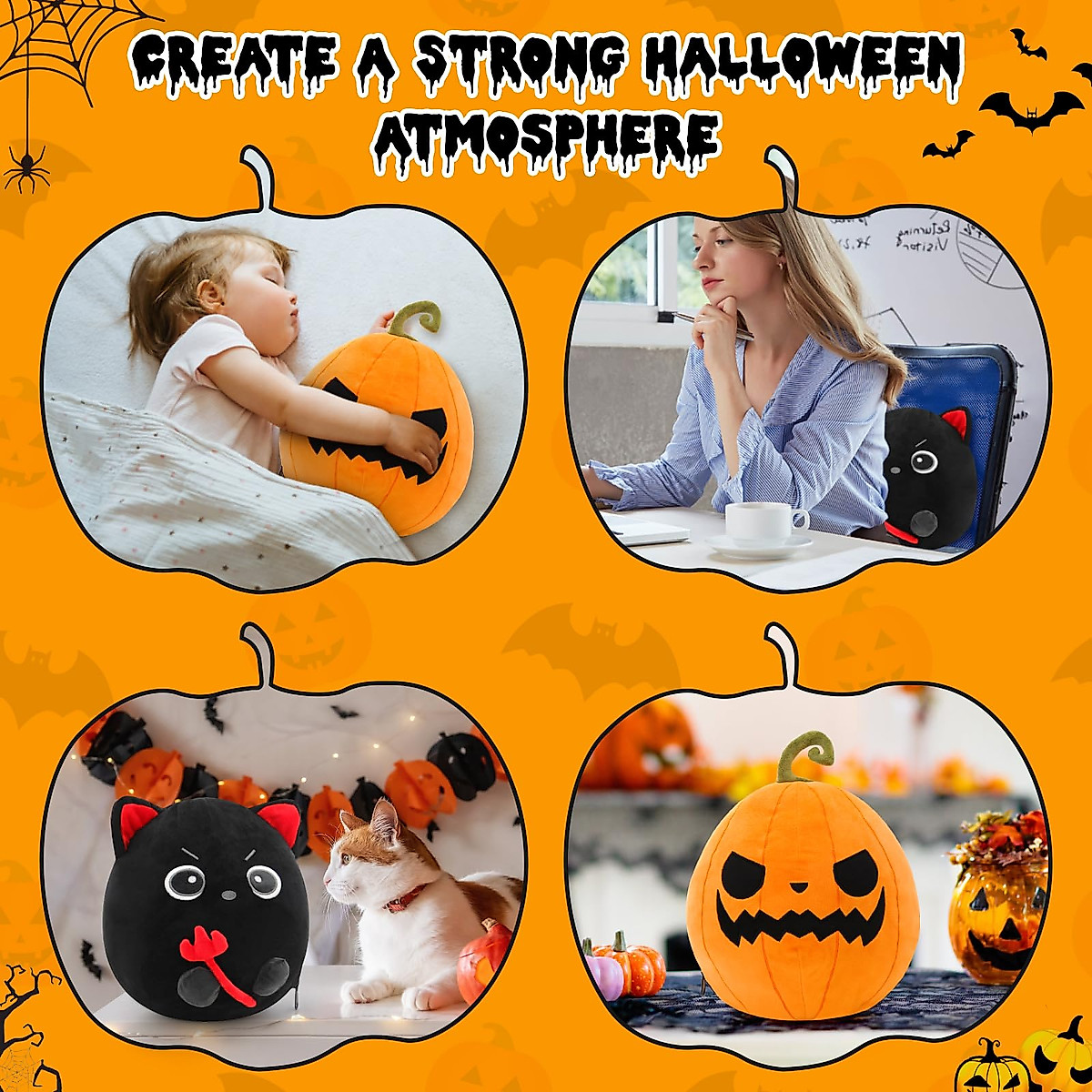 Emoin Halloween Plush 11.8" Reversible Halloween Pumpkin Cat Stuffed Animal Soft Black Cat Pumpkin Pillow Halloween Decor Birthday Gift for Kids