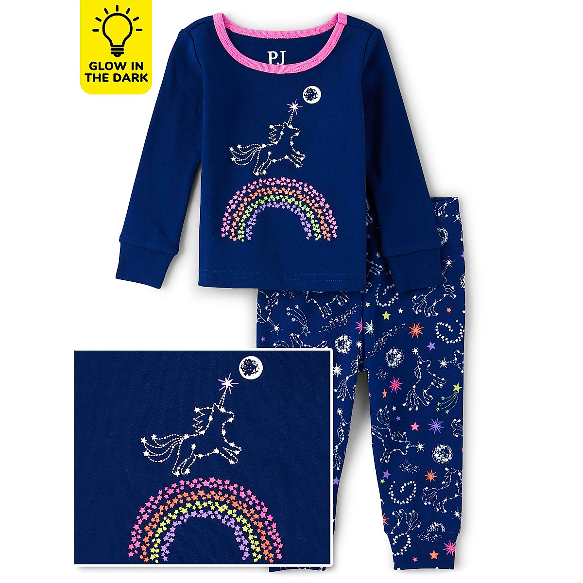 The Children's Place Girls' and Toddler Long Sleeve Top and Pants Snug Fit 100% Cotton 2 Piece Pajama Set, Glow Unicorn-Baby