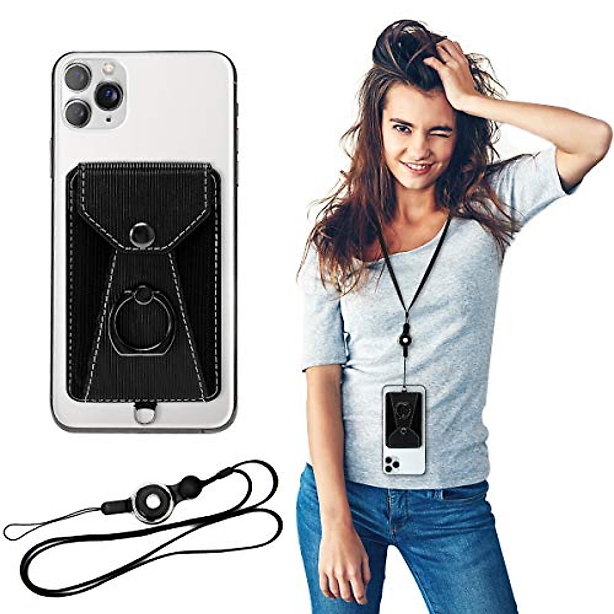 YUNCE Cell Phone Card Holder,Card Holder for Back of Cell Phone with Ring Grip Stand,Adhesive Stick-on Credit Card Wallet Pocket with Detachable Neck Strap Black