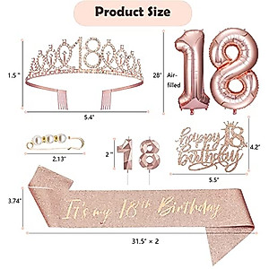 8pcs 18th birthday decorations for girls, Including 18th Happy Birthday Cake Toppers, Birthday Queen Sash with Pearl Pin, Sweet Rhinestone Tiara Crown, Number Candles and Balloons Set, Rose Gold