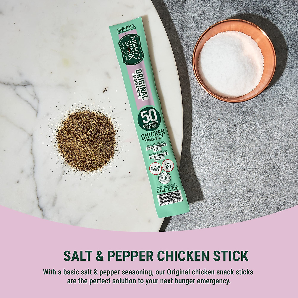 Mighty Spark Chicken Snack Sticks - Original Sea Salt & Pepper- 6g of Protein, No Antibiotics Ever, No Hormones Added, Gluten Free, Soy Free Meat Sticks - High Protein Keto Snacks, Weight Watchers Approved Snacks - 12 Count
