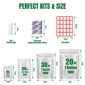 10.5 Mil 150 Mylar Bags for Food Storage with Oxygen Absorbers 500cc & 300cc, Mylar Bags 1 Gallon, 1 Quart, 1/2 Pint, 40 Oz, Stand-Up Zipper Resealable Bags & Heat Sealable Food Storage Bags + Labels