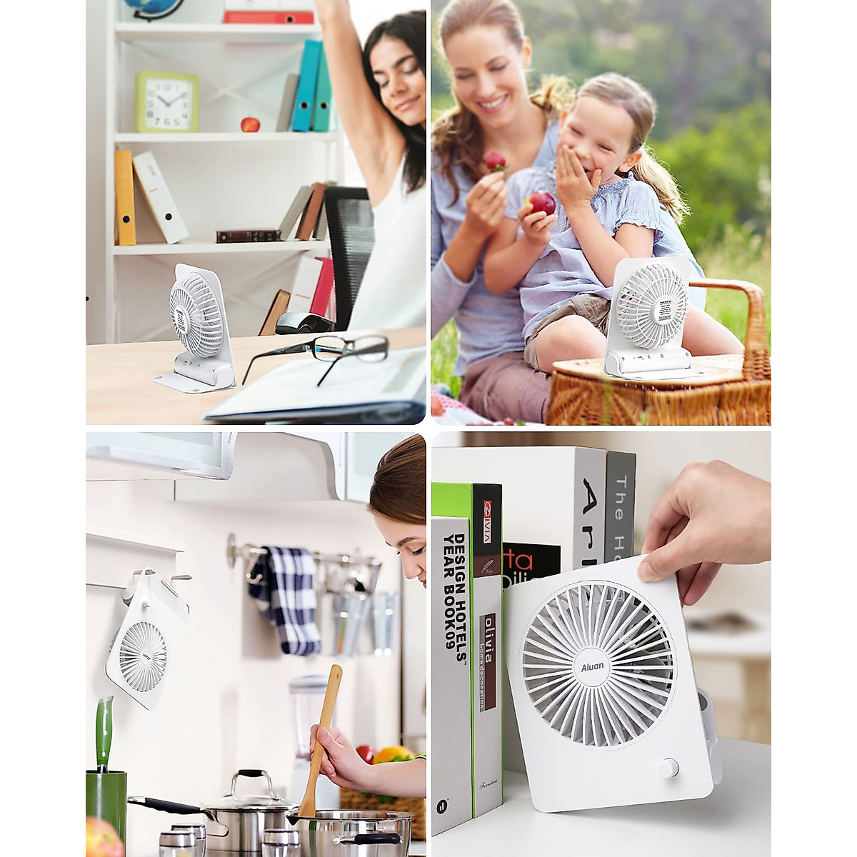 Aluan Desk Fan Small Quiet Portable Desktop Fan 4800mAh Rechargeable Battery Operated 180° Foldable Stand Personal Table Fan Strong Wind Stepless Speed Cooling USB Fan for Home Office Travel, White