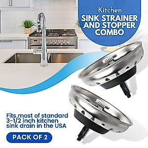 (2-Pack) Kitchen Sink Strainer with Stopper - Replacement Stainless Steel Strainer with Rubber Stopper Bottom - Fits Standard 3 1/2” Drains with Rectangular Center Hole - Post-Style Strainer Baskets