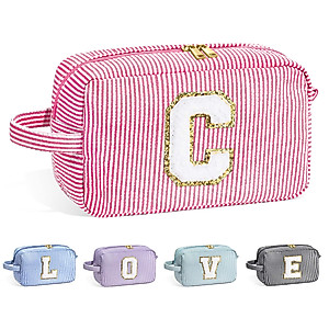 YOOLIFE Makeup Bag for Women - Monogram Cute Initial Pink Makeup Bags Cosmetic Toiletry Pouch Make Up Case for Women Her Best Friend Friendship Sister Teacher, Personalized Birthday Gifts for Women C