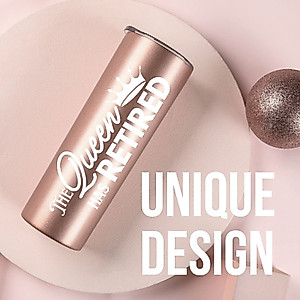 Onebttl Retirement Gifts for Women, Funny Retirement Tumbler 20oz, Retired Gifts for Coworkers, Grandma, Friends - Rose Gold (The Queen Has Retired)