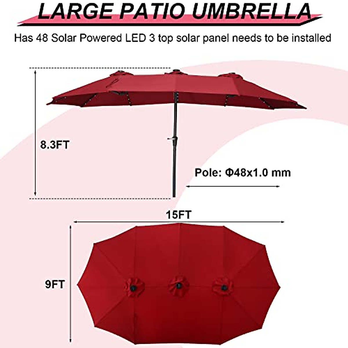 15 Ft Solar LED Patio Double-Sided Umbrella Table Umbrella with Crank Handle & 48 LED Lights